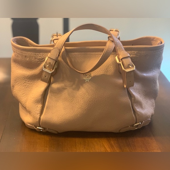 MCM | Bags | Authentic Mcm Beige Pebbled Leather Mcmembossed Logo ...